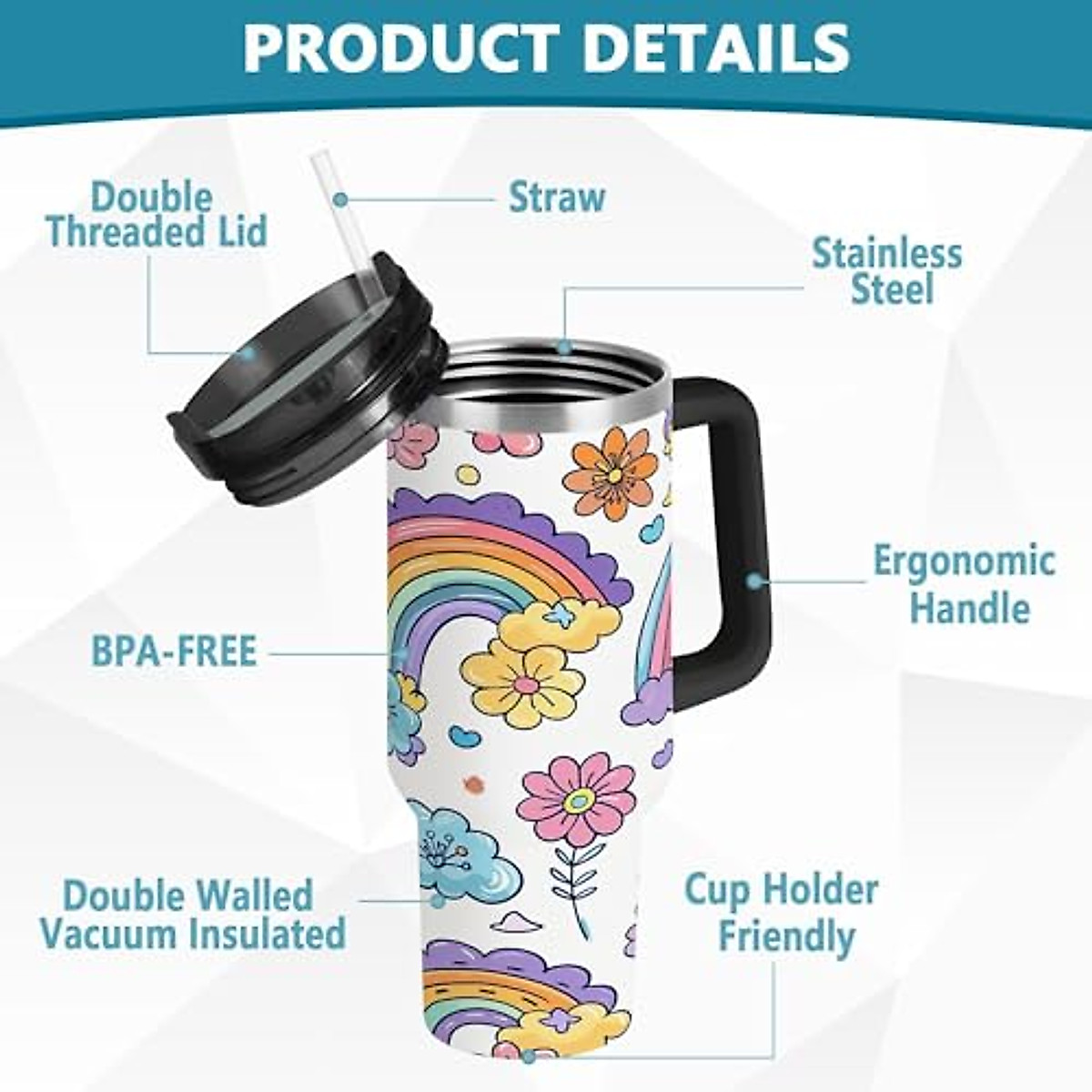 FRCSDIY Rainbow Flowers Insulated Tumbler with Handle and Straw Lid,40oz Leakproof Stainless Steel Cup BPA-Free Water Bottle