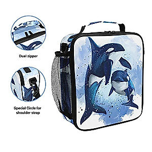 Insulated Lunch Bag Killer Whale Ocean Watercolor Portable Lunch Box Zippered Lunch Tote Bag Cooler Bag with Adjustable Strap for Women Men Work School Girl Boy