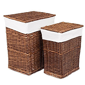 BIRDROCK HOME Woven Willow Baskets with Liner for Storage and Laundry - Set of 5 - Rectangular Hamper Bins with Lids - Decorative Wooden Wicker Basket for Organizing Blankets - Baby Organizer - Brown