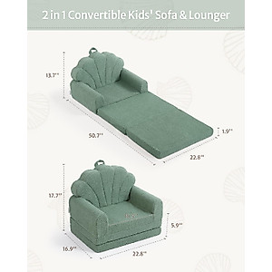 Blissful Diary Kids Couch, 2-in-1 Soft Toddler Couch Fold Out, Toddler Chair Comfy, Convertible Sofa to Lounger with Cute Shell Designs, Green