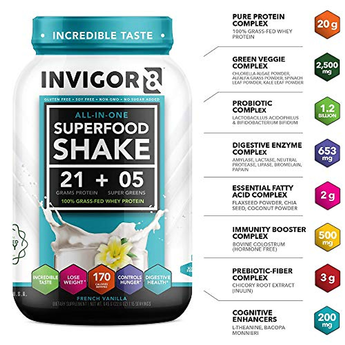 INVIGOR8 Superfood Protein Shake with Immunity Boosters - Gluten-Free Non GMO Meal Replacement Shake with Probiotics and Omega 3 (645 Grams) (French Vanilla)