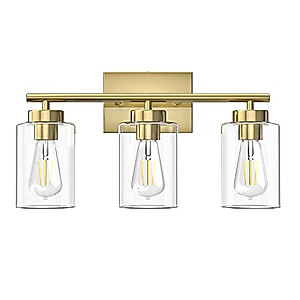 Gold Bathroom Light Fixtures, Modern Bathroom Vanity Light with Clear Glass Shade, 3 Lights Brushed Brass Bath Wall Mount Lights, Gold Wall Sconce for Kitchen Bedroom Hallway Living Room Hallway
