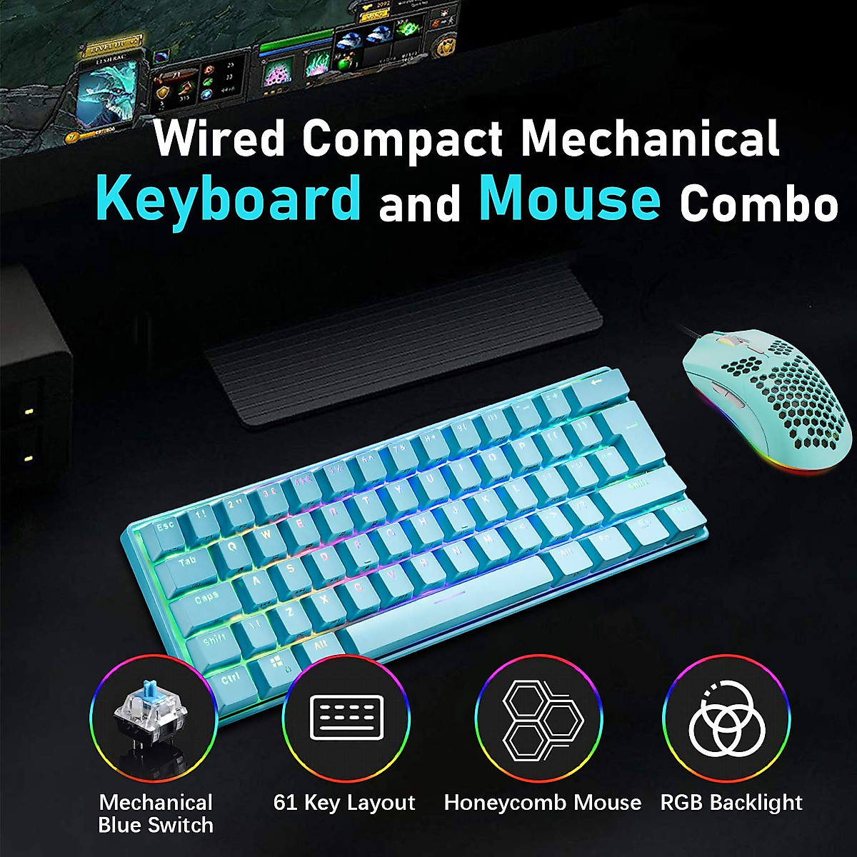 Mechanical Gaming Keyboard and Lightweight Honeycomb Mouse Combo with Rainbow RGB Backlit Full Anti-ghosting 61 Key Ergonomic Programmable Mice Wired USB for Laptop PC Gamer Typist(Blue/Blue Switch)