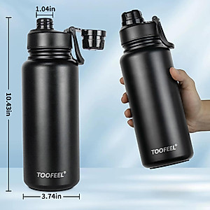 Toofeel 32 oz Insulated Water Bottle - Double Walled Stainless Steel Metal Water Bottle for Cold Hot Drink, Leak Proof, Chug Lid, Wide Mouth Thermal Cups for Men, Women & Kids Midnight Black