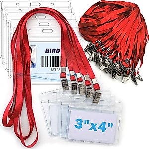 4x3 Name Tags Badge Holder with Lanyard 50 Pack Waterproof Horizontal ID Badge Holder and 50 Pcs Lanyards Nametag for Conferences, Events, and Meetings (Red, 4 X 3 inches)