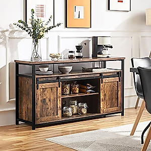 Topeakmart Farmhouse Coffee Bar Cabinet Sideboard Buffet Cabinet with Sliding Barn Doors for Dining Room, Buffet Server Sideboard for Kitchen Living Room, Rustic Brown