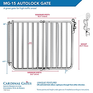 Cardinal Gates MG15 Auto-Lock Baby Gate - Adjustable Indoor Dog Gate - Aluminum Safety Gate for Kids & Pets - 26.5 to 40.5 Inches Wide - White
