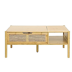 Modern Natural Bamboo and Rattan Table, Lift Coffee Table. Adjustable Storage Rack Living Room