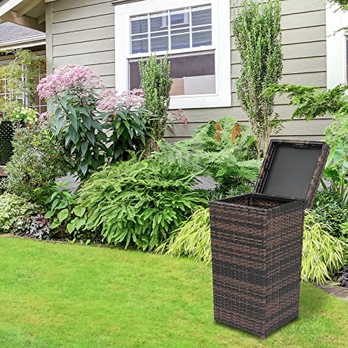 Ochine Large Rattan Trash Can with Top Cover Iron Frame, Wicker Kitchen Trash Basket Large Brown Wicker Waste Basket with Lid Wastebasket Poolside Garbage Can Outdoor Waste Bins Indoor Laundry Basket