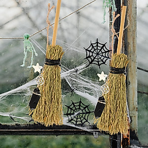 HOMSFOU Decorative Halloween Broom Crystal Witch Broom Mini Halloween Witch Broom Wicca Brush with Crystal Wand for Halloween Healing Wiccan Ritual Decor Khaki Miniature Broom Decor