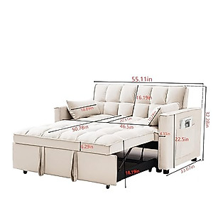 3 in 1 Convertible Sleeper Sofa Bed ,Modern Futon Loveseat Couch Pullout Bed, Velvet Upholstered Small Love Seat Lounge w/Reclining Backrest, Toss Pillows, Pockets, Furniture for Living Room Office