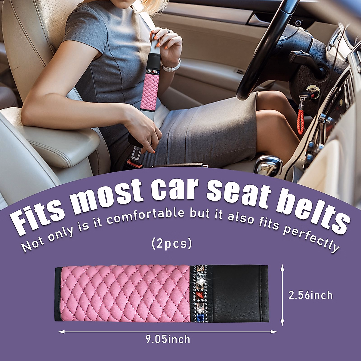 Ziciner 2PCS Leather Seat Belt Cover, Sparkling Rhinestone Seat Belt Covers for Women, Soft Harness Pads Strap Helps Protect Your Neck & Shoulder, Auto Interior Accessories for Adult Kid (Pink)