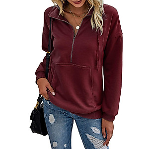 PRETTYGARDEN Women’s Casual Long Sleeve Lapel Zipper Sweatshirt Drawstring Loose Pullover Tops Wine Red