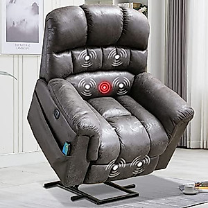 CANMOV Large Power Lift Recliner Chairs with Massage and Heat for Elderly Big People, Heavy Duty Electric Faux Leather Reclining Chairs with USB Port and 2 Side Pockets, Grey
