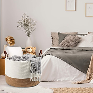 Extra Large Cotton Rope Basket KRUIO Collapsible Woven Laundry Basket with Handles for Laundry, Nursery, Toys, Towels, Blankets and Pillows Even More, Rope Storage Basket(20”x13”, Beige/Hemp Yellow)