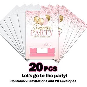 Rose Pink Gold Surprise Birthday Invitations for Women, Pink Balloons Birthday Invites for Adult Boys Girls Teens kids, Any Age Birthday Party Invite Ideas, 20 Invitations with Envelopes - JY709