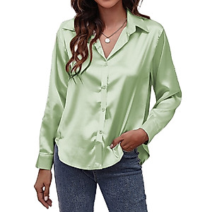 Avanova Women's Long Sleeve Satin Blouse Top Casual V Neck Button Down Work Shirt Light Green Large