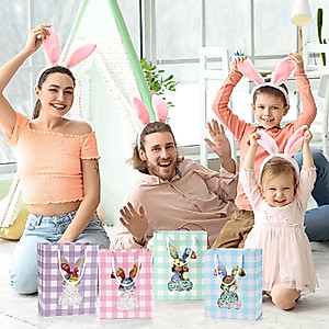 12 Pcs Easter Gift Bags with Handle Rabbit Shape Paper Bags with Window 9x7x4" Bunny Easter Treat Bags Buffalo Plaid Green Blue Purple Pink Goodie Bags Candy Bag for Kids Easter Party Gift Wrapping