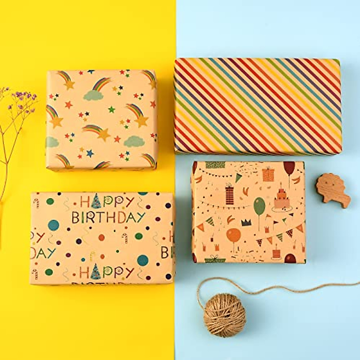 PlandRichW Birthday Wrapping Paper for Kids Girls Women Boys Men,12 Sheets Kraft Brown Recycled Gift Wrapping Paper 4 Styles of ''Happy Birthday'' Balloon Rainbow Stars Precut 20" X 29" Folded