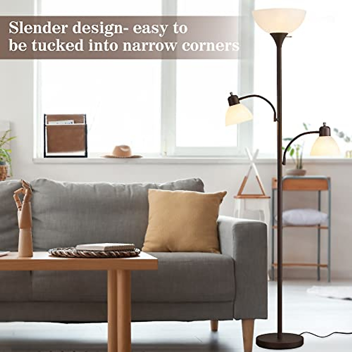 Luvkczc Torchiere Floor Lamps for Living Room with 2 Reading Lamps, Modern Tall Standing Lamps, Industrial Bright Floor Lamp for Bedroom, Office, Dresser, 3 LED Bulbs Included