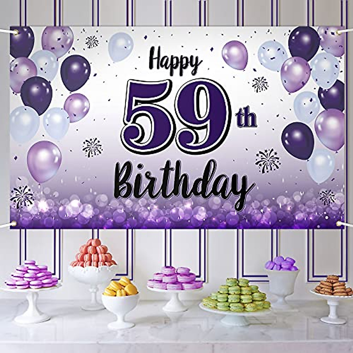 LASKYER Happy 59th Birthday Purple Large Banner - Cheers to 59 Years Old Birthday Home Wall Photoprop Backdrop,59th Birthday Party Decorations.