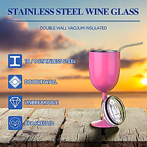 Stemmed Stainless Steel Wine Glasses with Lid Double Wall Insulated Wine Tumbler Unbreakable Goblets Wine Glasses with Drinking Straw and Straw Brush, 10 oz (Pink, Purple, Light Blue,3 Pieces)