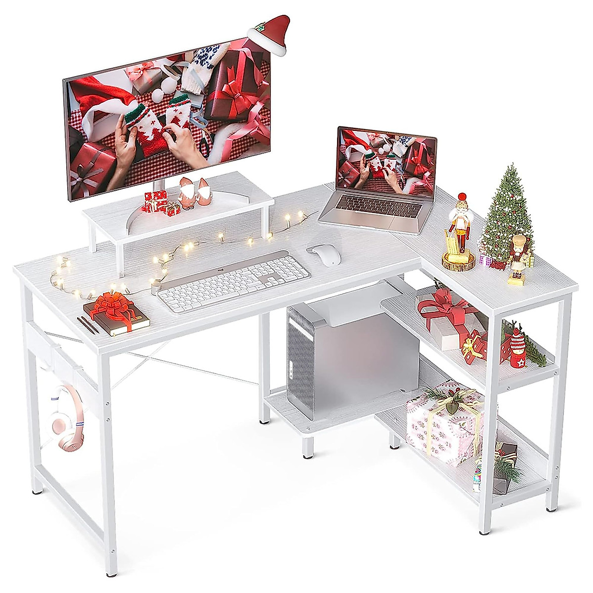 ODK 47 Inch Small L Shaped Computer Desk with Reversible Storage Shelves, L-shaped Corner Desk with Monitor Stand for Small Space, Modern Simple Writing Table for Home Office Workstation, White