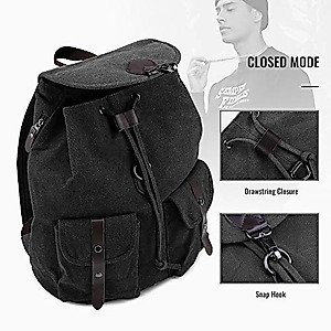 JOSEKO Large Vintage Canvas Leather Backpack Hiking Daypacks Computers Laptop Backpacks Unisex Casual Anti-theft Rucksack Satchel Bookbag Military Mountaineering Bag for Men Women Black