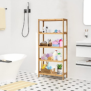 buenotoys Bamboo Corner Shelf, Storage Rack Organizer, Bamboo Shelves Stand for Bathroom Kitchen Living Room Balcony (5-Tier)