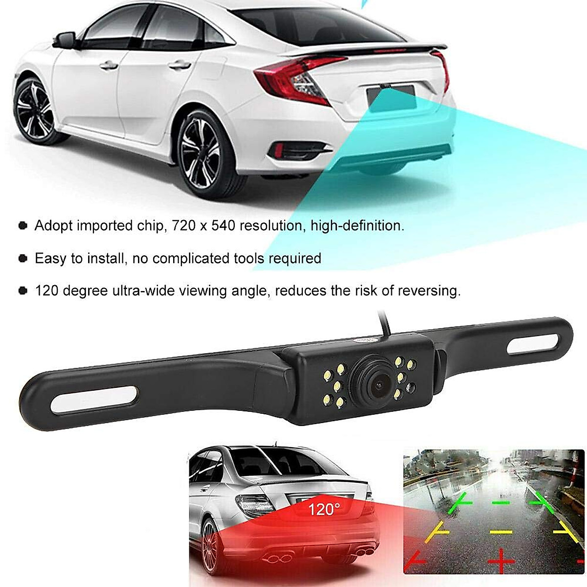 License Plate Camera, Waterproof Car 9LEDs License Plate Rear View Reverse Camera Wide Angle IP67 Waterproof Night Vison Reverse Backup Monitoring System