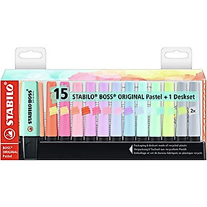 Highlighter - STABILO BOSS Original Pastel - Desk Set of 15pcs - 14 Assorted Colors (2X Dusty Grey)