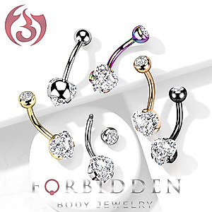 Forbidden Body Jewelry 14g Tri-Prong Heart Shaped CZ Solitaire Belly Button Ring, Rainbow/Clear