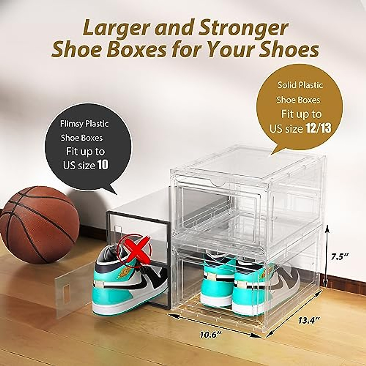 Mitees 10 Pack XX Large Thicken Sturdy Hard Plastic Clear Stackable Shoe Storage Boxes for Size 12, Sneaker Shoe Rack Containers Holders Bins Display Case Organizer for Closet, Red Clear