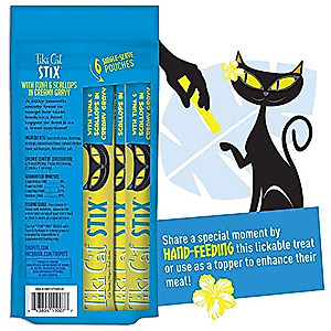 Tiki Cat Stix Wet Mousse Single-Serve Treats in 3-Flavor Bundle: 1 Tuna and Scallops, 1 Duck and 1 Chicken and Shrimp (3 Packs Total, 6 Stix per Pack, 18 Stix Total) Plus Shaynanigans Silicone Lid