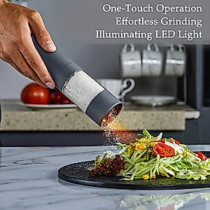Electric Salt and Pepper Grinder Set with USB Rechargeable, Automatic One Hand Operation with Adjustable Coarseness, Pepper Mill Grinder Refillable with LED Light, Kitchen Gadgets (2 Packs, Blue-Grey)