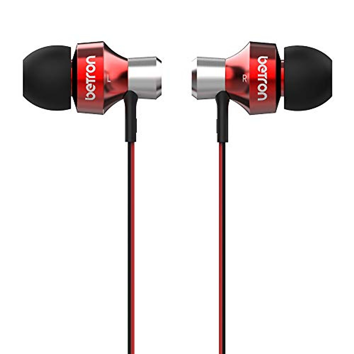Betron DC950 in Ear Headphones Earphones Wired with Tangle Free Flat Cable HD Bass Lightweight Case Noise Isolating Earbuds 3.5 mm Jack Plug (Red)