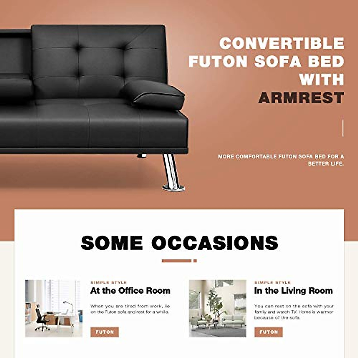 Flamaker Futon Sofa Bed Modern Faux Leather Couch, Convertible Folding Recliner Lounge Futon Couch for Living Room with 2 Cup Holders with Armrest