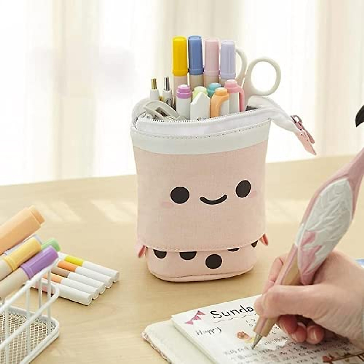 Cute Pencil Case Kawaii Standing Pen Holder Bubble Tea Boba Milktea Pop Up Back to School Supplies Stationery Organizer Bag with Smile Face Cosmetics Pouch Makeup Bag for Kids Students Teens (Pink)