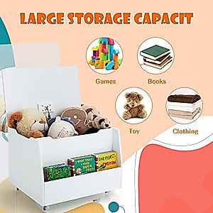 HONEY JOY Kids Wooden Toy Box, 3-In 1 Large Toy Storage Chest with Bookshelf, Flip-Top Lid, Safety Hinge & Cut-out Handle, Toddler Toy Storage Bench with Wheels, for Nursery, Bedroom, Playroom, White
