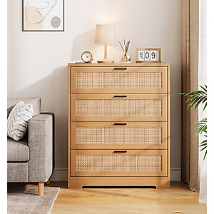 GarveeHome 4 Drawer Dresser Rattan Dresser, Tall Chest of Drawers, Wood Dresser for Bedroom, Closet, Living Room, Hallway