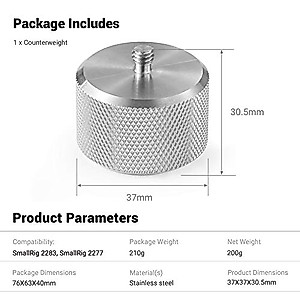 SMALLRIG Removable Counterweight 200g for DJI Ronin S / Ronin RS 2 / Ronin-SC / Ronin RSC 2 / RS 3/ RS 3 Pro and Zhiyun Gimbal Stabilizers – 2285