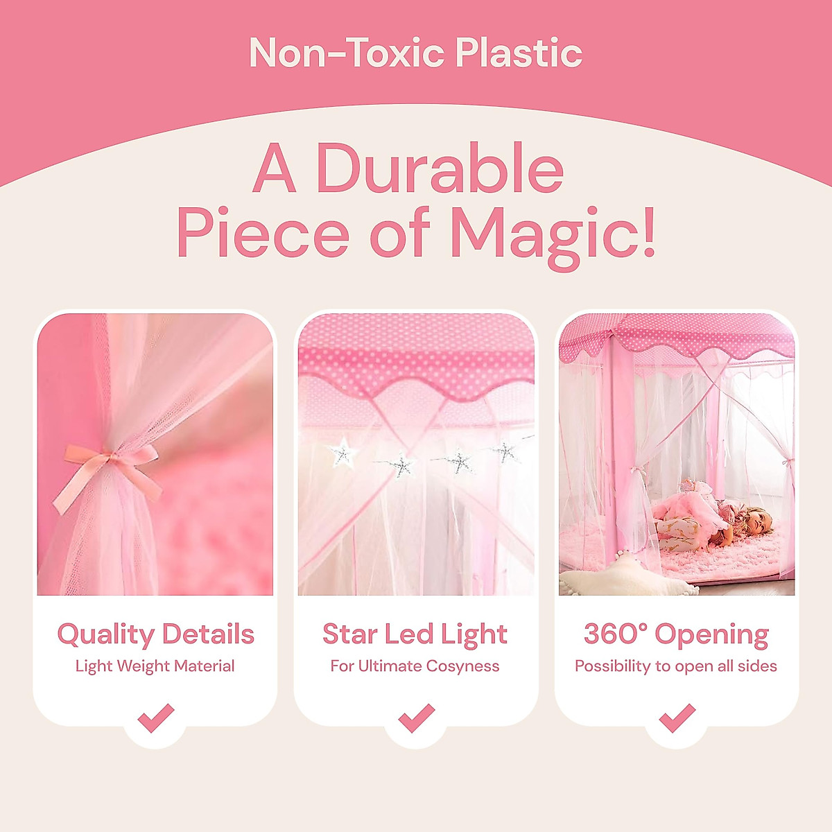 PLAYVIBE Princess Tent for Kids Tent 55"x53" – Princess Toys Kids Tent with Ultra Soft Rug & Star Led Lights – Princess Castle, Indoor & Outdoor