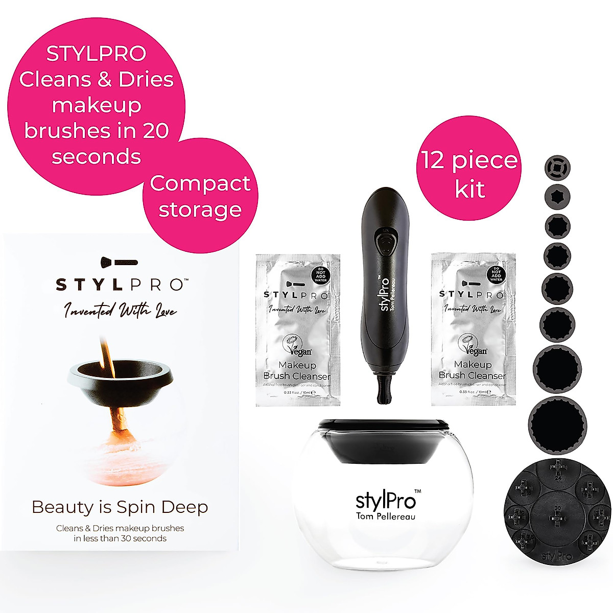STYLPRO Electric Make-up Brush Cleaner & Dryer - Cleans and dries thoroughly in 30 seconds with gentle centrifugal technology. Suitable for all brush sizes, incl. vegan cleaner.