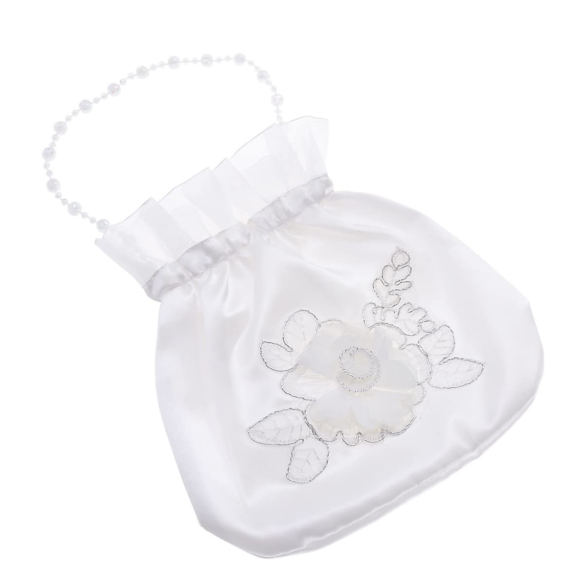 Veemoon Satin Bridal Wedding Money Bag Handbag Hand Embroidery White Bridal Bridesmaid Satin Flower Decorated Bag for Dance Bridal Purse Wedding Favor