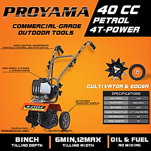 PROYAMA Garden Tiller Gas Powered, 40cc 4-Cycle Gas Tiller and Cultivators, 2 in 1 Cultivator with Edger, Adjustable Width and Depth
