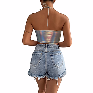 Women's Alien Costume Buzz Lightyear Fembot Winx Club Chel Cosplay el Dorado 90s Outfits Silver Metallic Top Rave Outfits Festival Clothing Halter Sparkly Sexy Multicol Silver Top XL