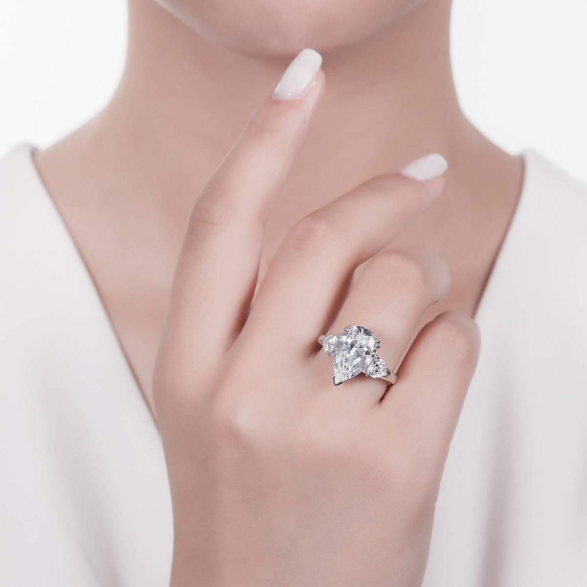 BERRICLE Sterling Silver 3-Stone Wedding Engagement Rings Pear Cut Cubic Zirconia CZ Statement Cocktail Anniversary Ring for Women, Rhodium Plated Size 6.5