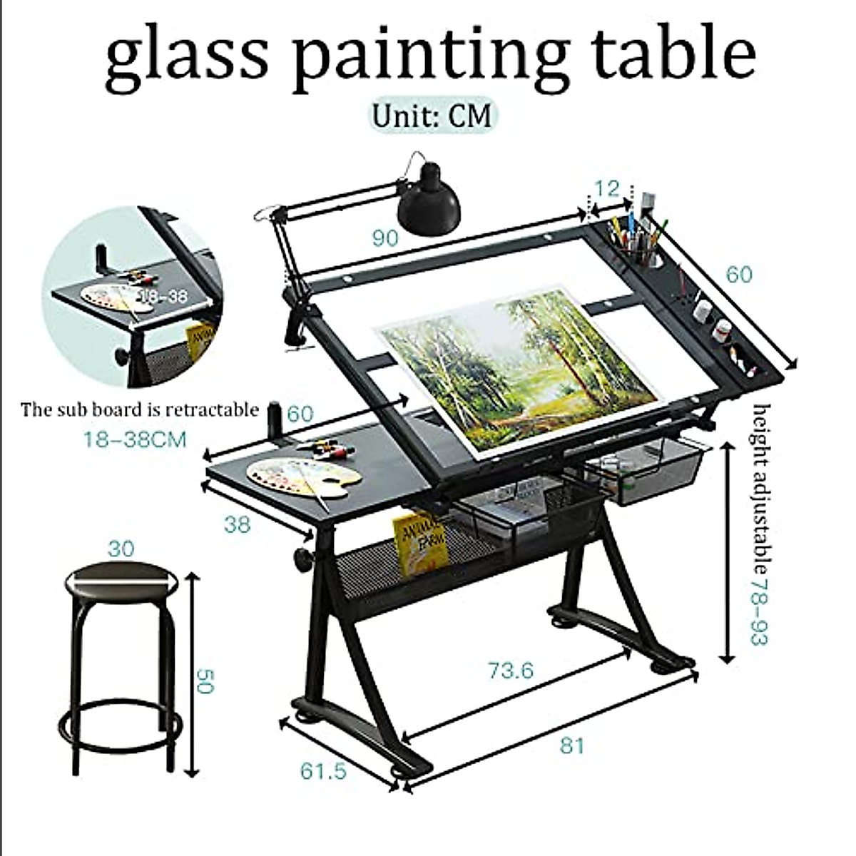 VejiA Drawing Table, Height/Angle Adjustable Drawing Desk Craft Station Drafting Table with One Side Table, Stool and Two Drawers, Tempered Glass Top, for Painting, W