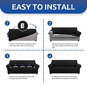 KEKUOU Stretch Loveseat Sofa Cover Slipcover,Couch Covers for 2 Cushion Couch Sofa (55"-79") Furniture Protector Sofa with Elastic Bottom for Kids,Dog. Jacquard Small Checked (Medium,Black)