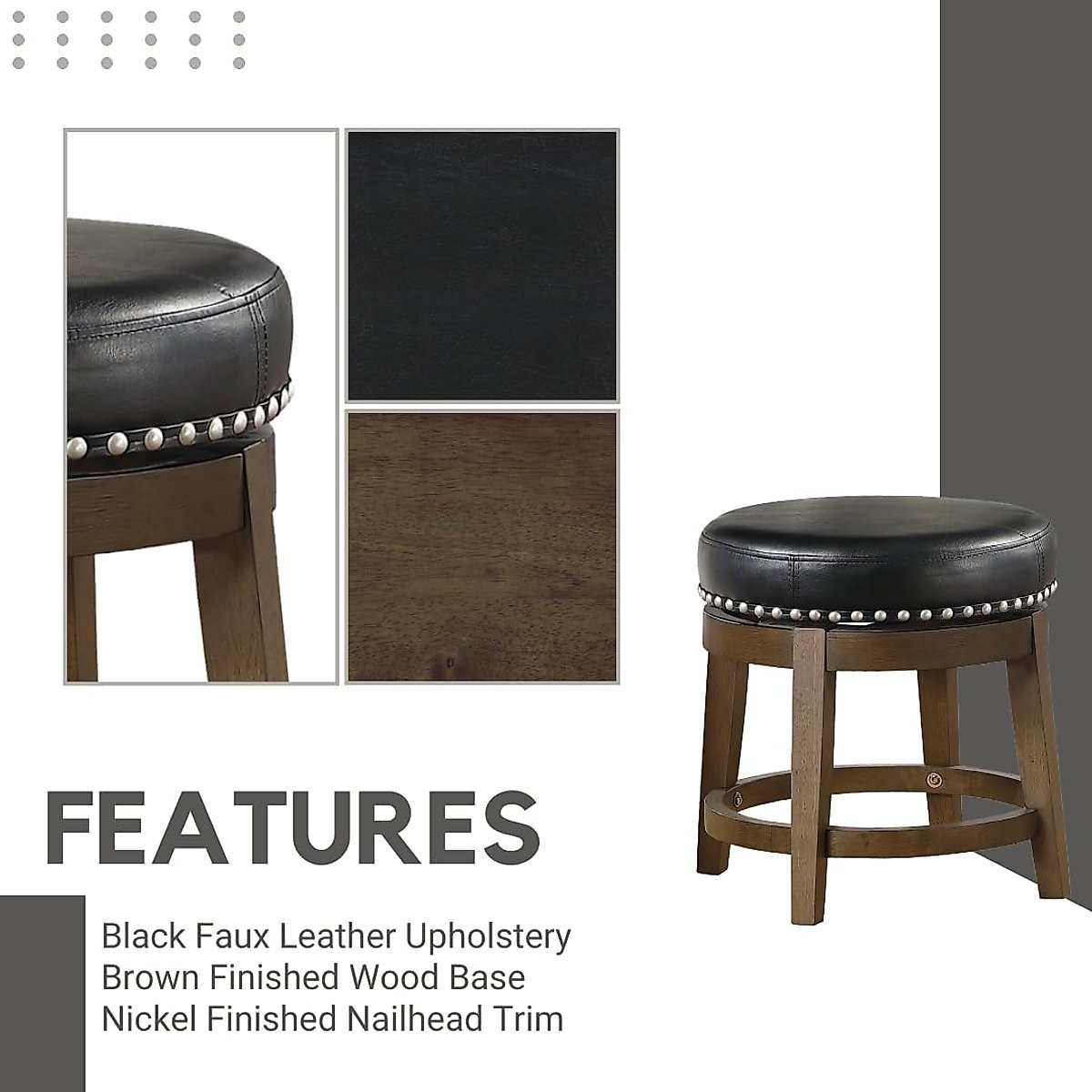 Lexicon Kenmare Swivel Bar Stools Set of 2, Rustic 360 Degree Backless Swivel Counter Stools, Faux Leather Upholstered, Solid Wood Frame, Easy Assembly, Round Bar Stools Swivel, Foot Rest, 19.5" Black